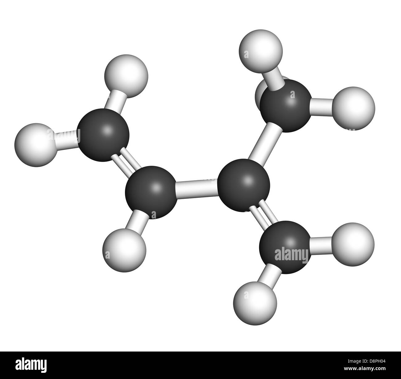 Isoprene, rubber (polyisoprene) building block (monomer). Atoms are ...