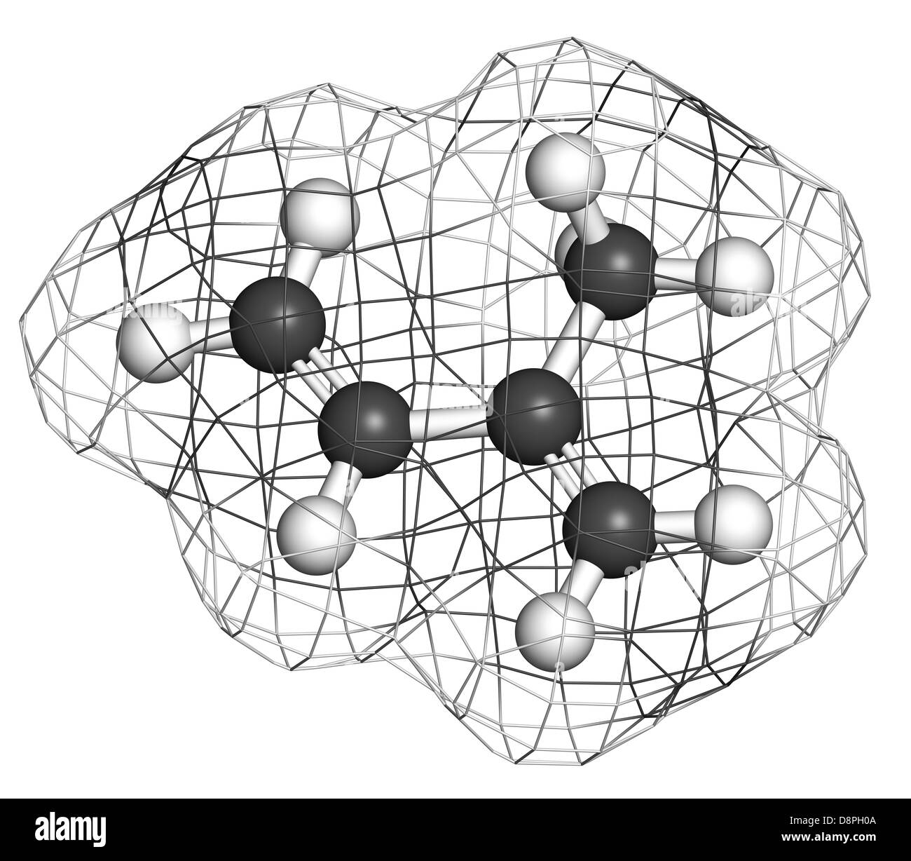 Isoprene, rubber (polyisoprene) building block (monomer). Atoms are ...