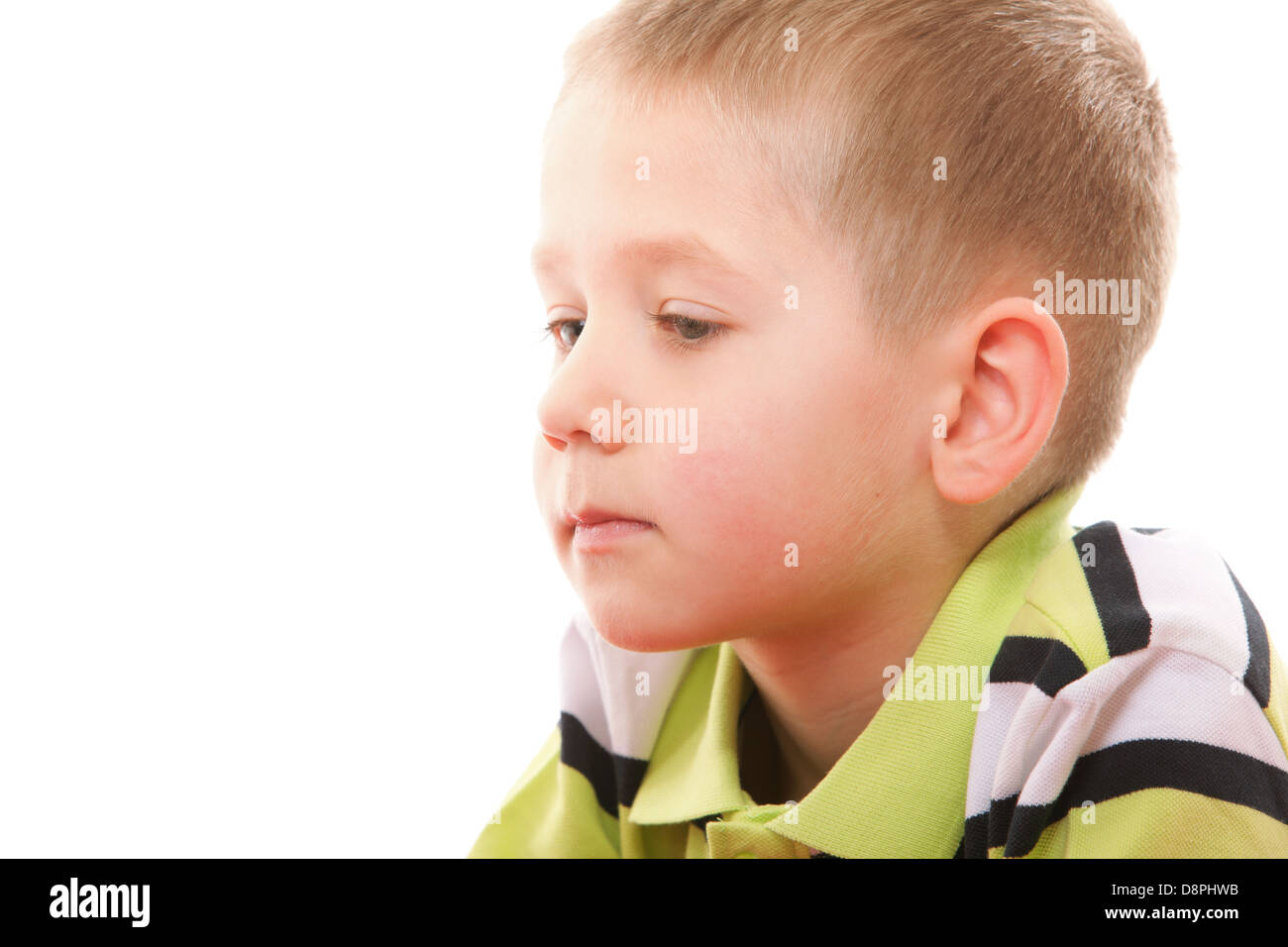 Closeup little caucasian pensive boy portrait isolated on white ...