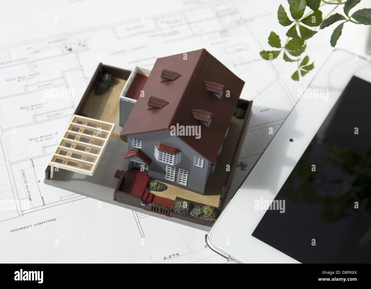 Architectural drawing, an architectural model and a tablet PC Stock ...