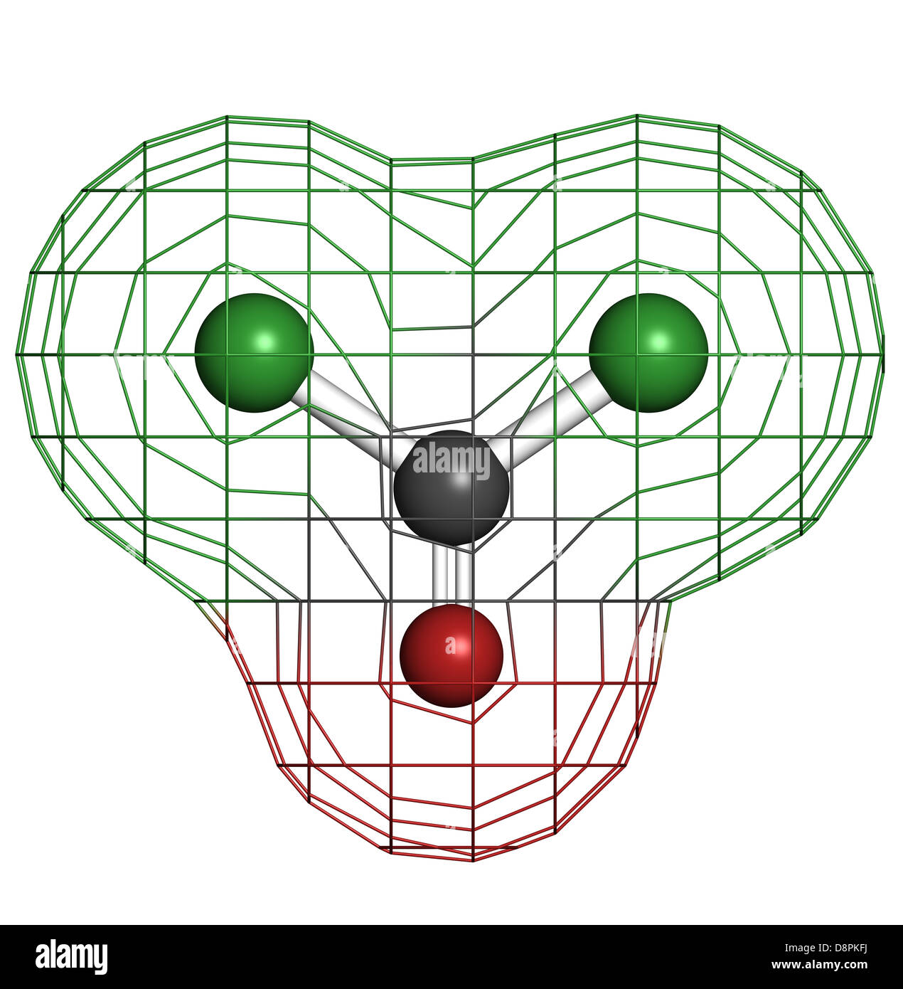 Phosgene chemical warfare agent molecule, chemical structure. Atoms are ...