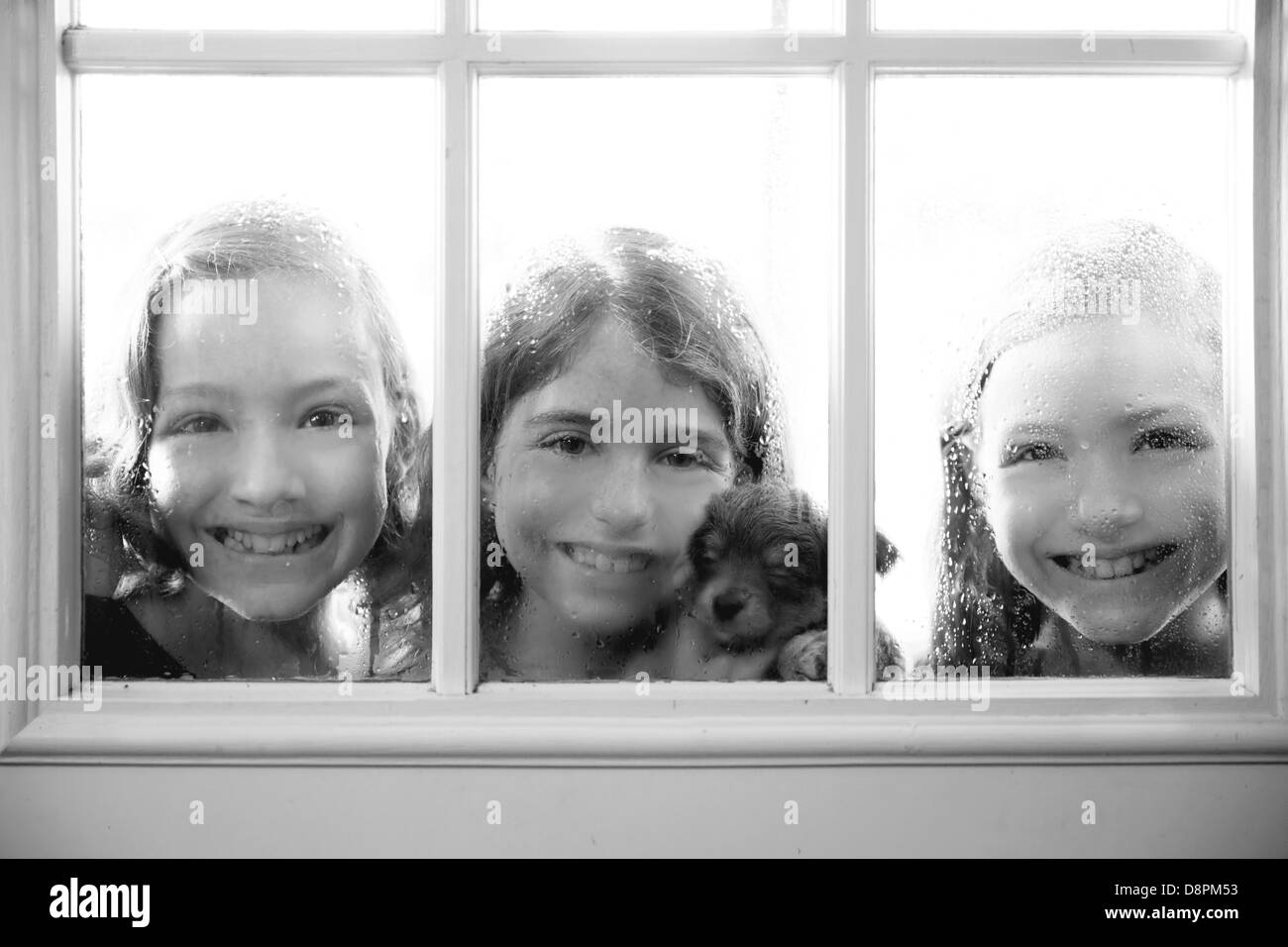 three sister friends looking through the window with a pup and ...