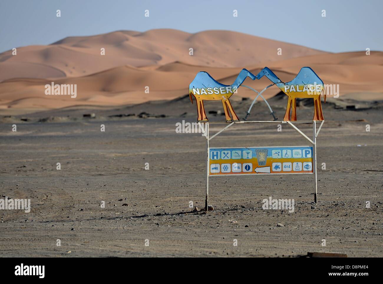 A sign in the Sahara Desert near Merzouga, Morocco, North Africa ...