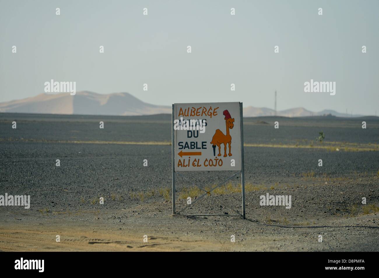 A sign in the Sahara Desert near Merzouga, Morocco, North Africa ...