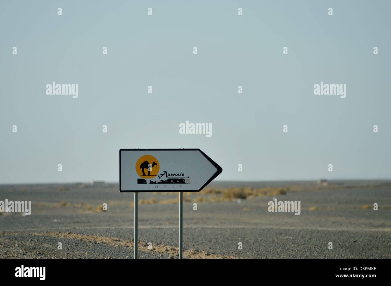 A sign in the Sahara Desert near Merzouga, Morocco, North Africa ...