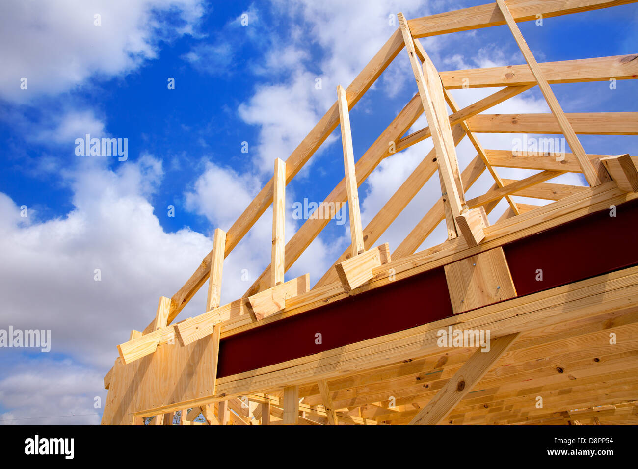 American residential wooden house construction detail in blue sunny day ...