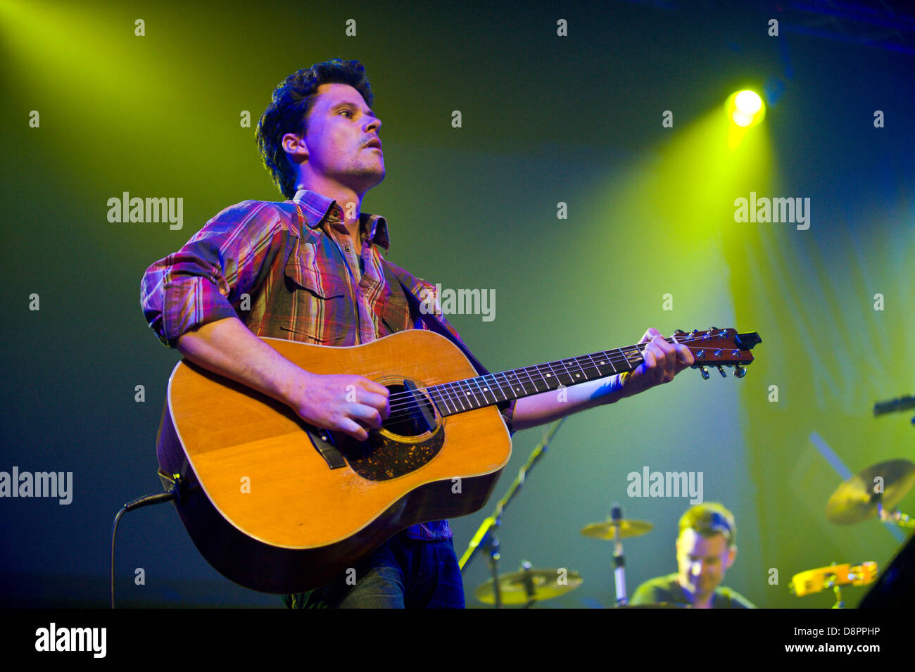 Sean Lakeman playing with Seth Lakeman band on stage at Hay Festival ...