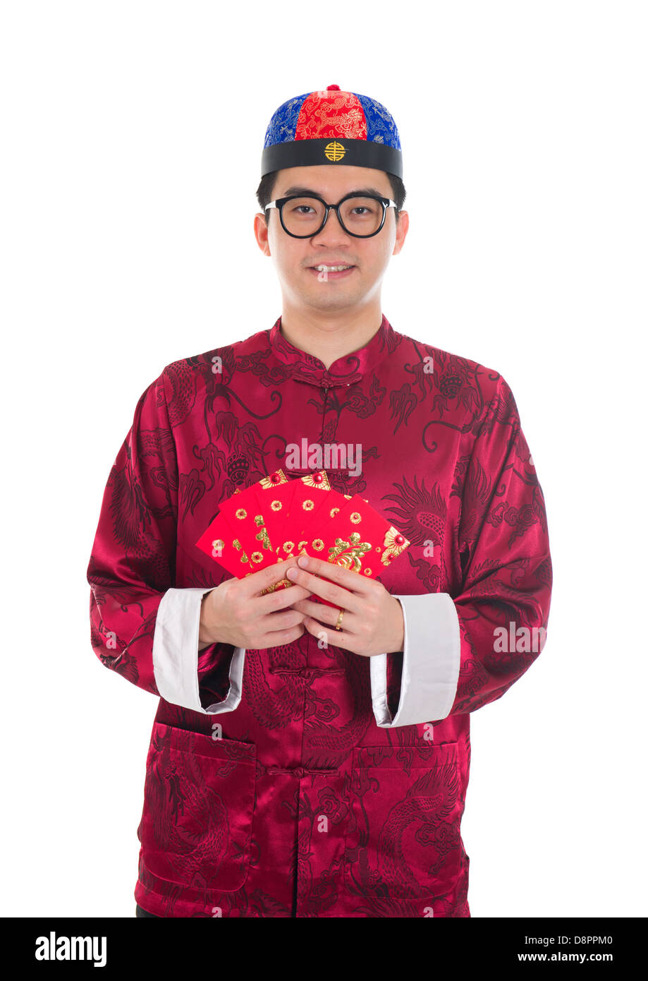 chinese new year male wishing gong xi fa cai isolated in white ...