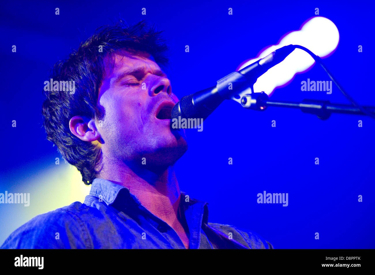 Seth Lakeman singing with his band on stage at Hay Festival 2013 Hay on ...