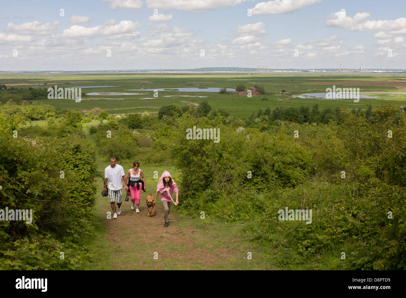 A family climb Northwood Hill with a wetland landscape below, an ...