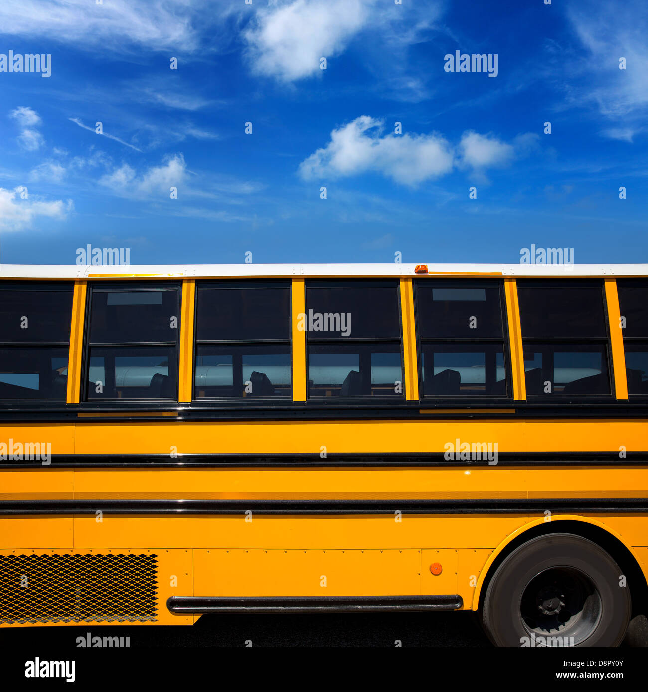 American typical school bus side view on blue sky day Stock Photo - Alamy