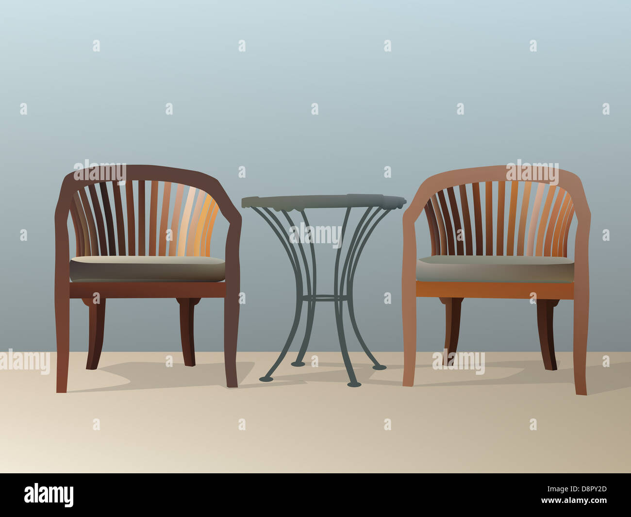 Illustration of two chairs and table Stock Photo - Alamy