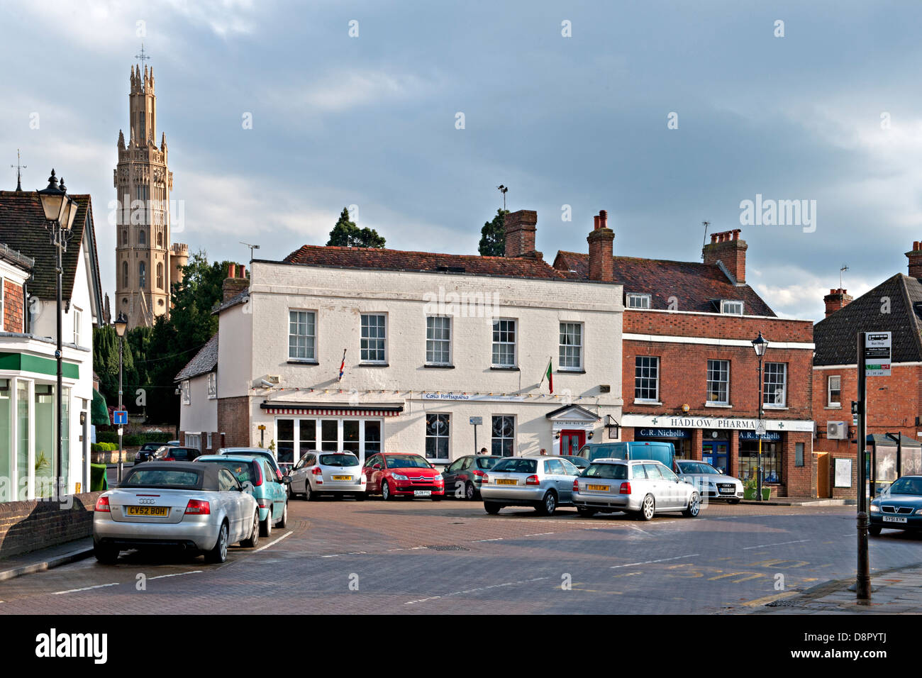 Hadlow village square, Kent, UK, with the Victorian gothic octagonal ...