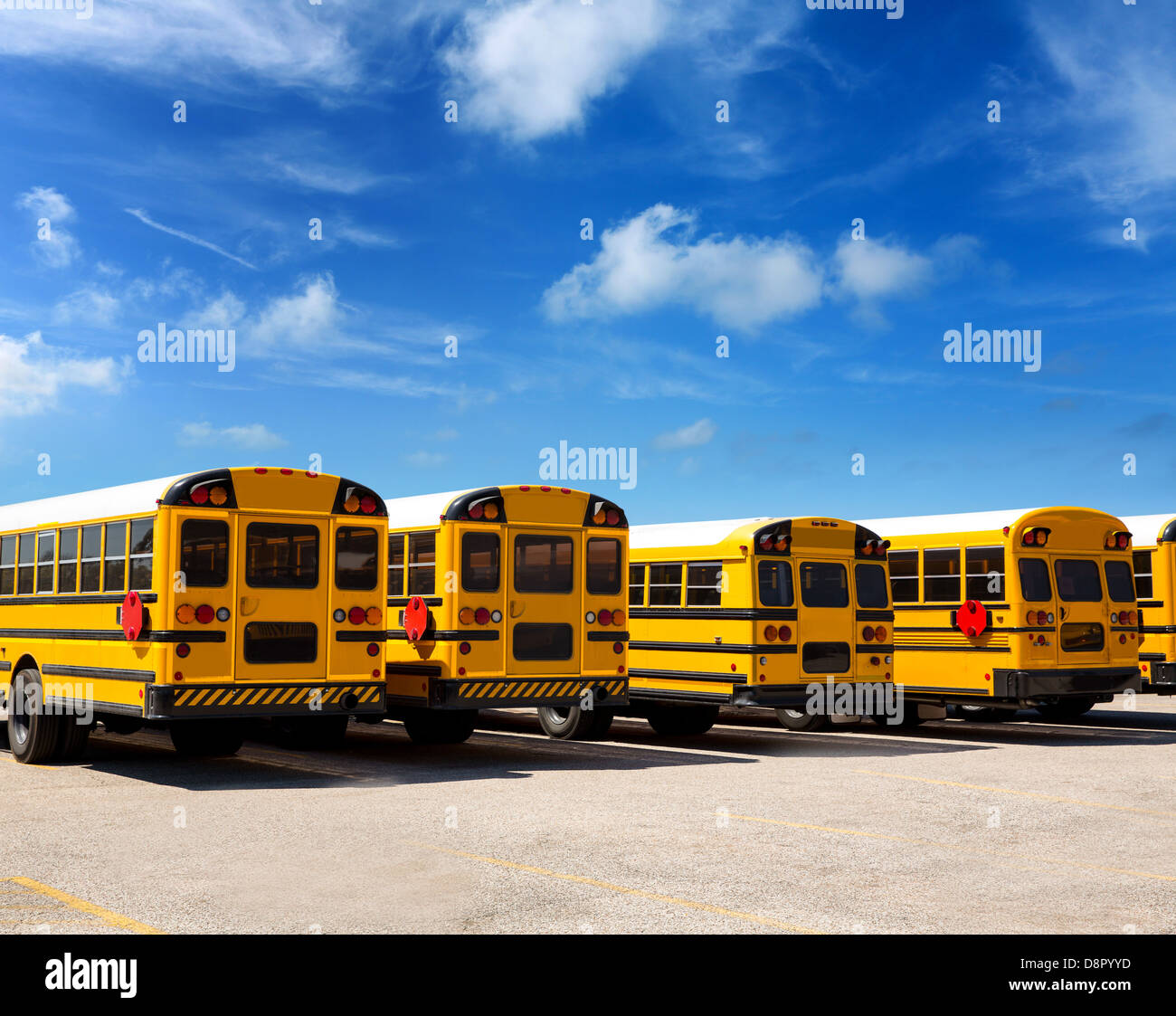 American typical school bus rear view in a row under blue sky day Stock ...