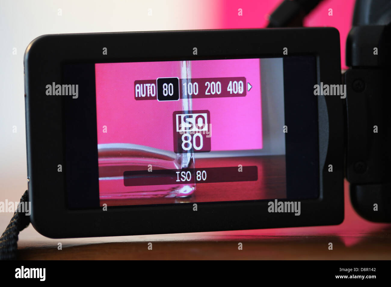 A camera's LCD display shows the options for ISO settings Stock Photo ...