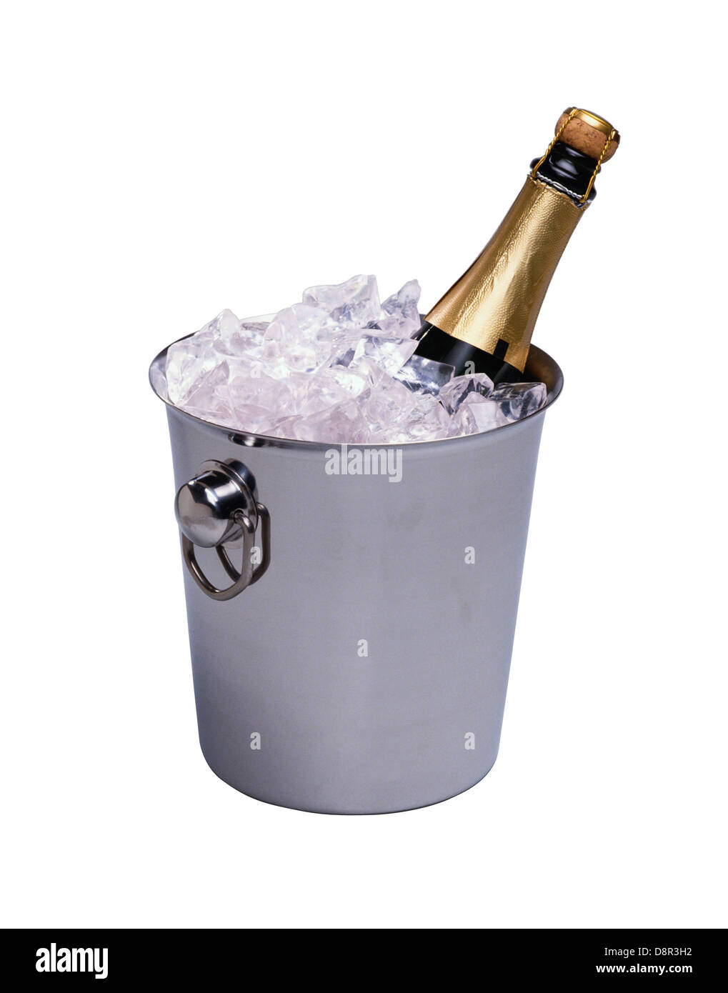 Cold bottle of champagne on ice with white background Stock Photo - Alamy