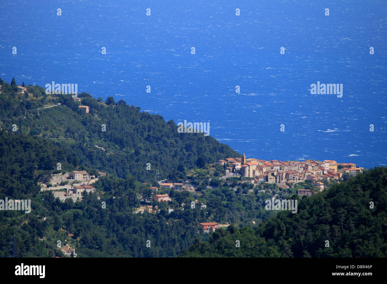 Top view above the medieval French Riviera village of Castellar Stock ...