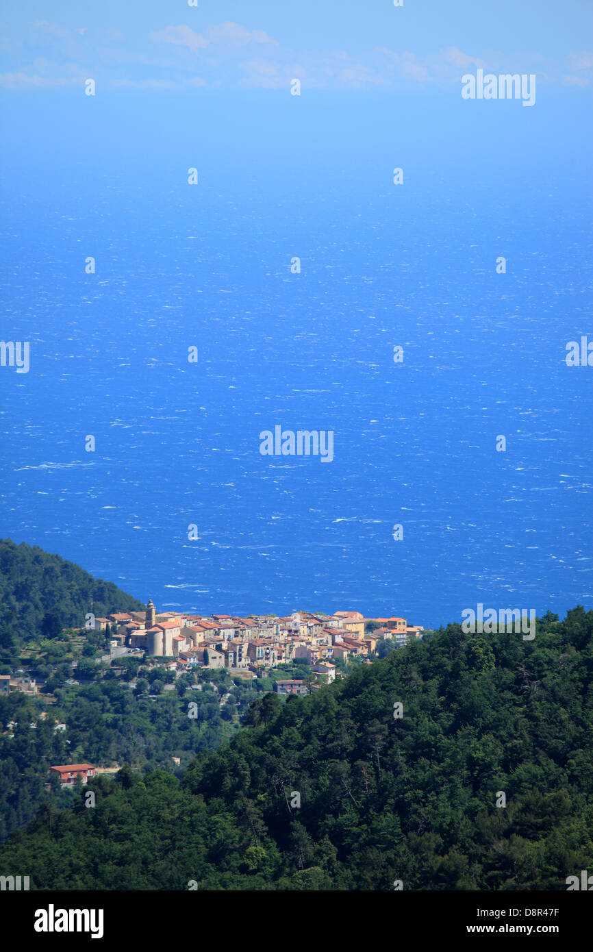 Top view above the medieval French Riviera village of Castellar Stock ...