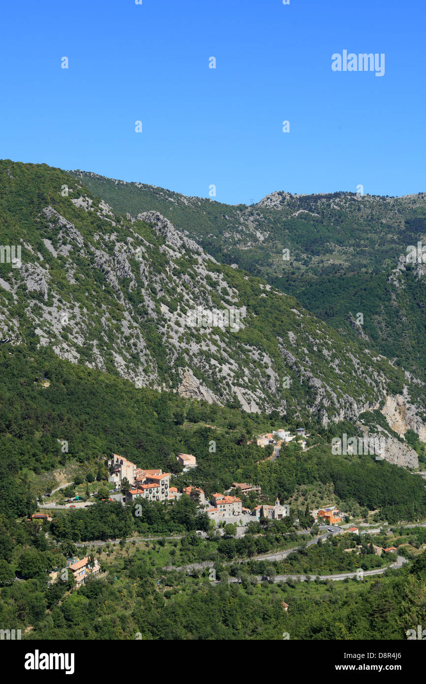 Top view above the medieval French Riviera village of Castillon Stock ...