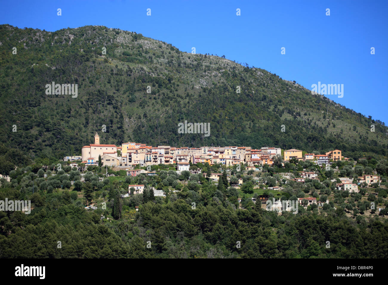 Top view above the medieval French Riviera village of Castellar Stock ...
