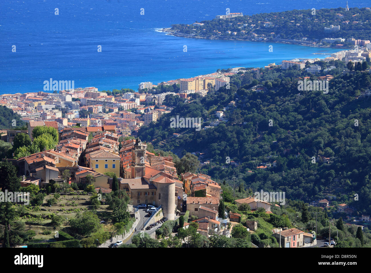 Top view above the medieval French Riviera village of Castellar with ...