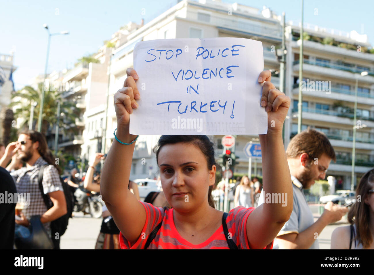 Athens, Greece. 3rd June, 2013. A protester holds up a banner during a ...