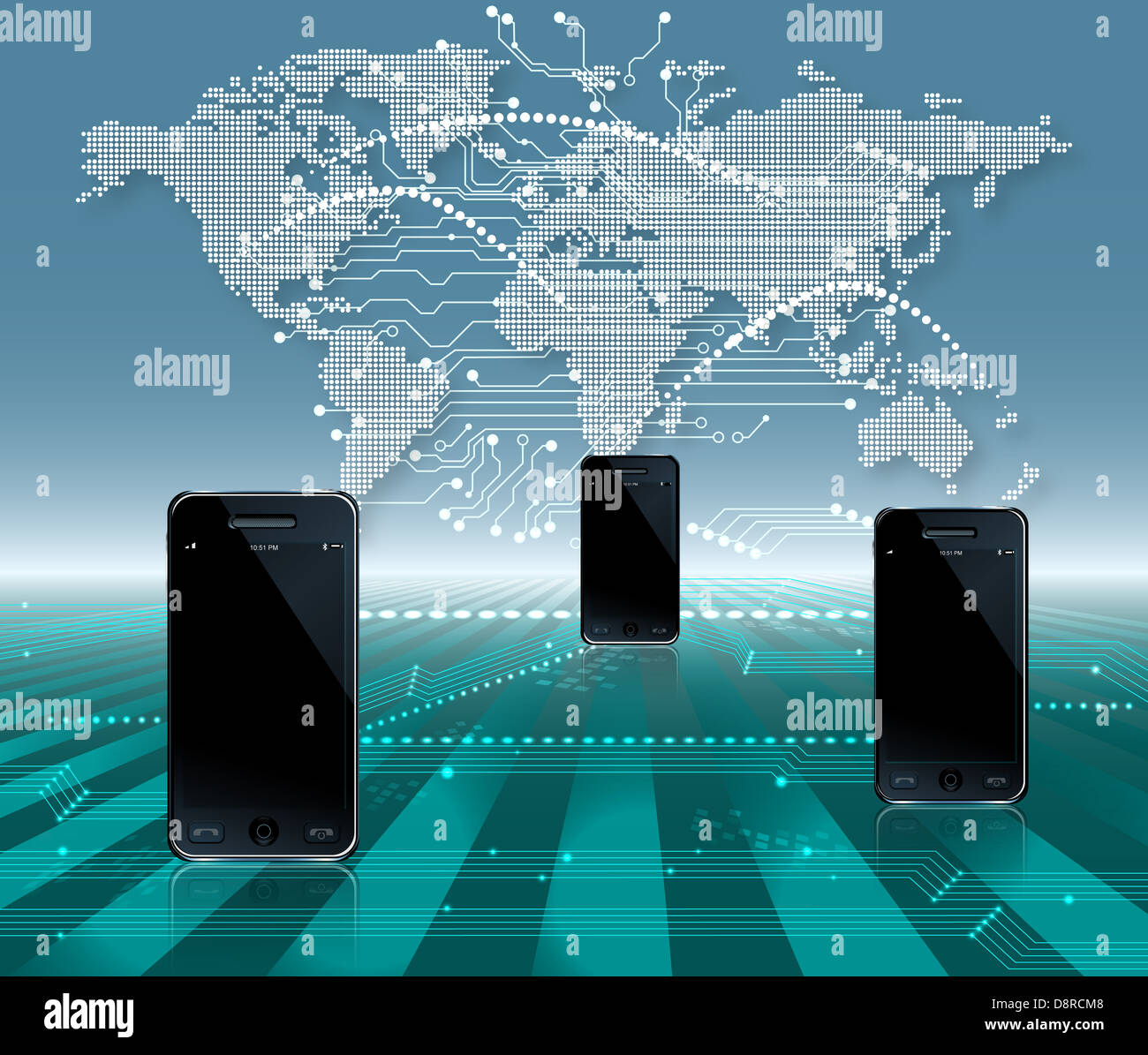 Smart phones connected with world map background Stock Photo - Alamy