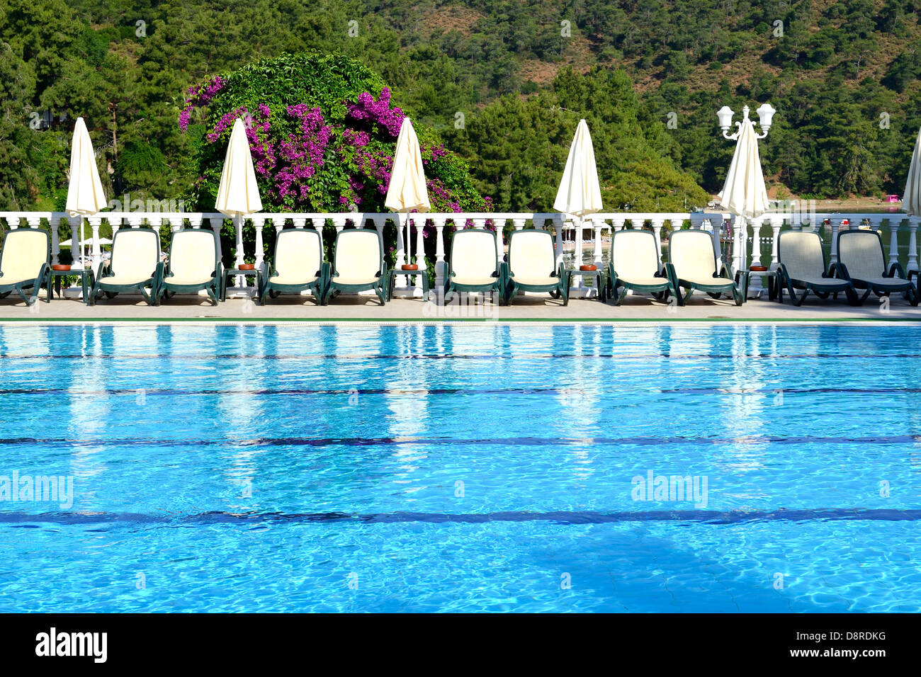 Swimming pool on Mediterranean turkish resort, Fethiye, Turkey Stock ...