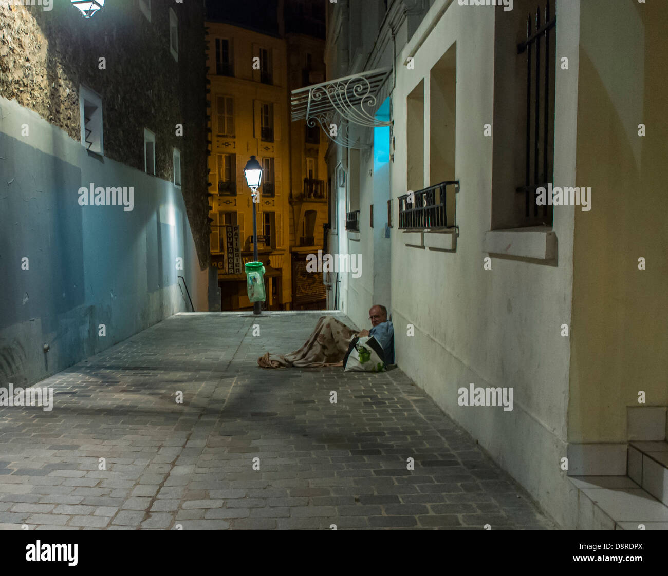 Paris, France, Homeless man Sleeping on Street Scene, at Night, Small ...