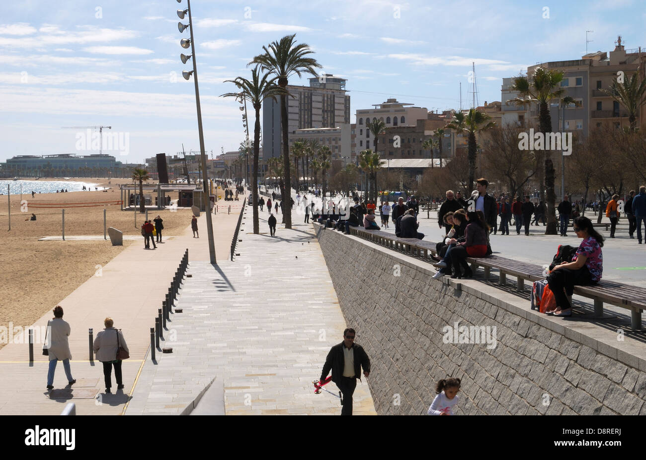 Seafront promenade and beach at Port Olimpic in Barceloneta. Barcelona ...