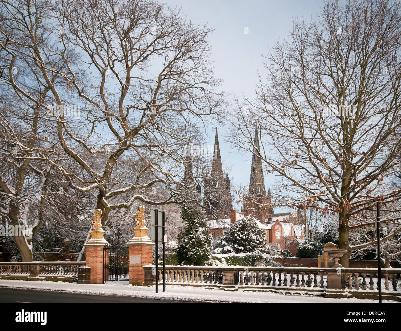 Memorial Gardens and Lichfield Cathedral with winter snow seen from ...