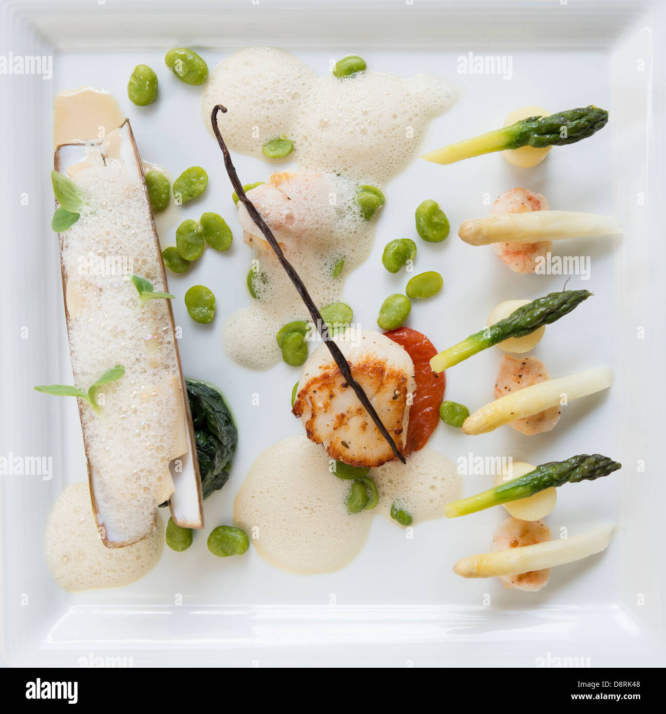 Orkney Island Scallops, pan fried, with asparagus spears Stock Photo ...