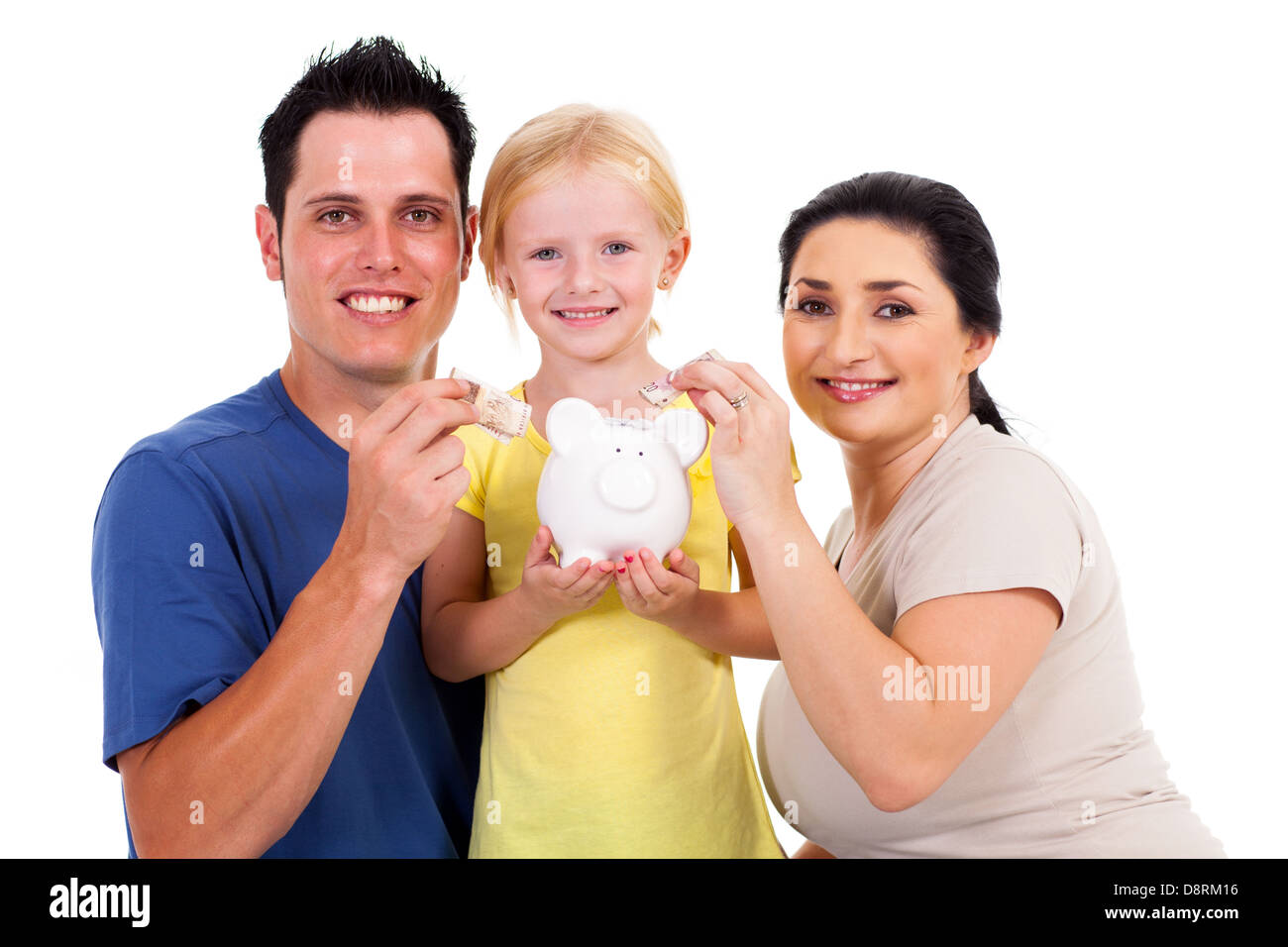 happy young family saving isolated on white Stock Photo - Alamy
