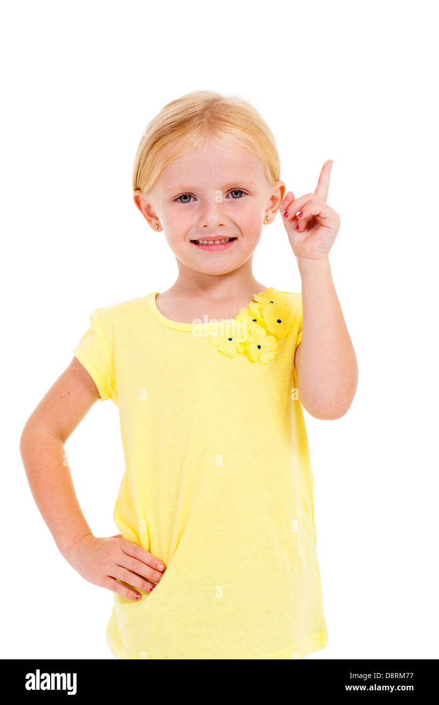 cute little girl pointing up on white Stock Photo - Alamy