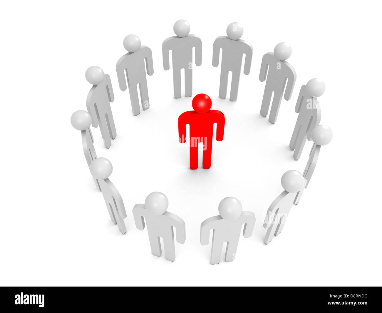 Twelve abstract white 3d people stand in ring with one red person ...