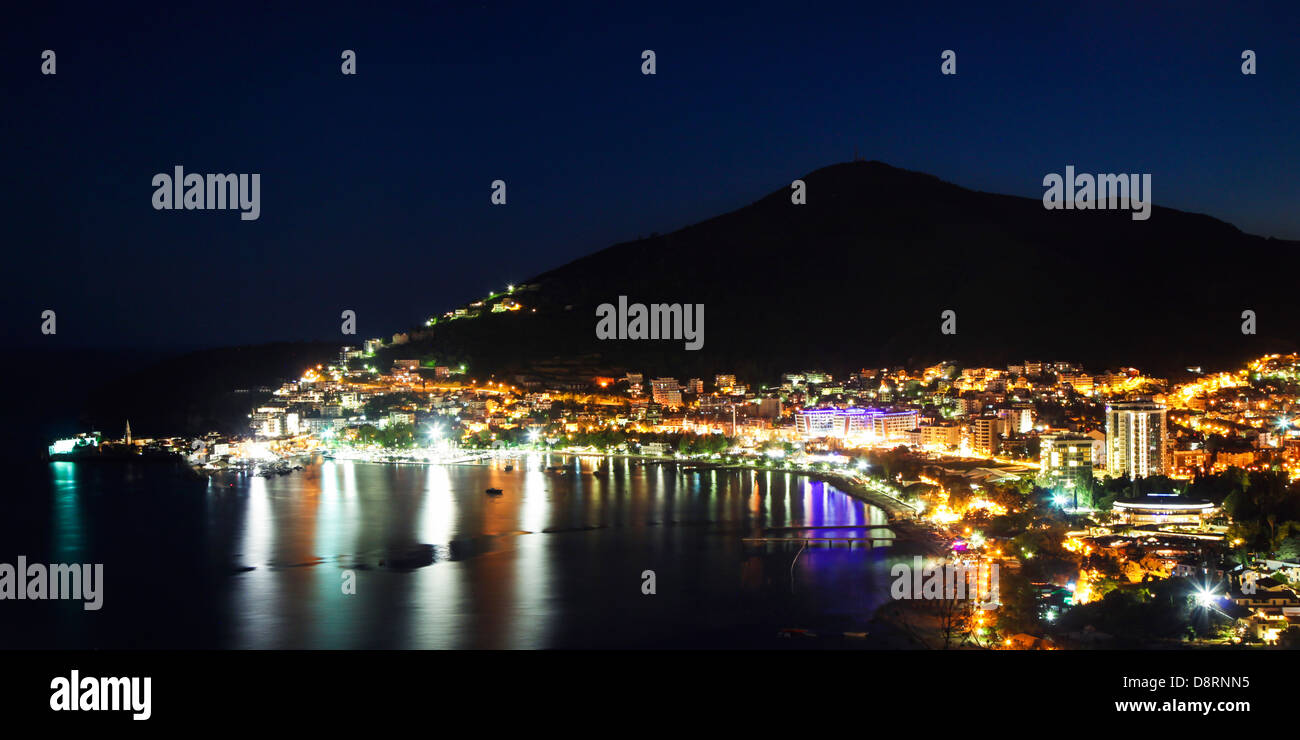 Panorama of Budva at night Stock Photo - Alamy