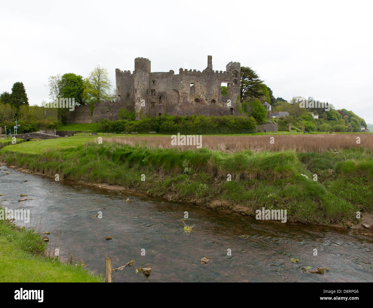 Laugharne Castle Carmarthenshire Wales on the River Taf estuary, in ...