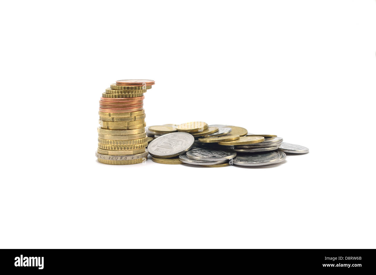 curved stack of coins on white background Stock Photo - Alamy