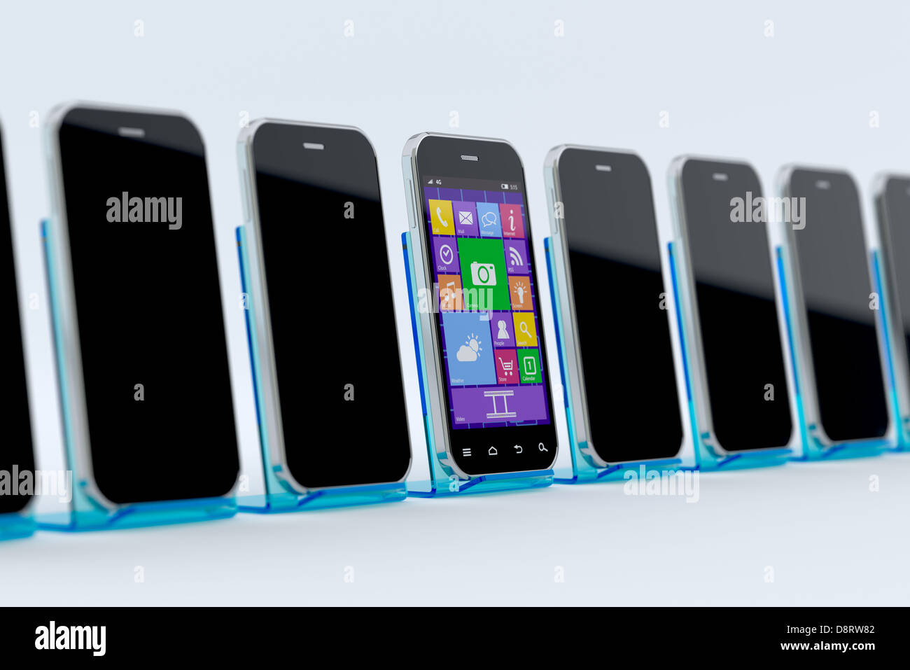 3d render of many powered off smart phones and one powered on Stock ...