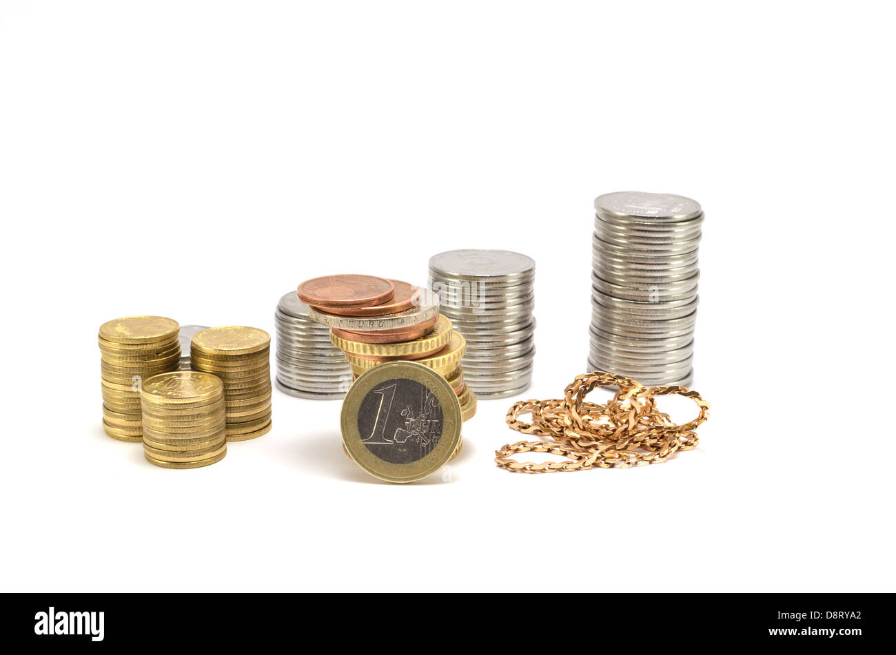 stacks of coins and the golden chain on white background Stock Photo ...