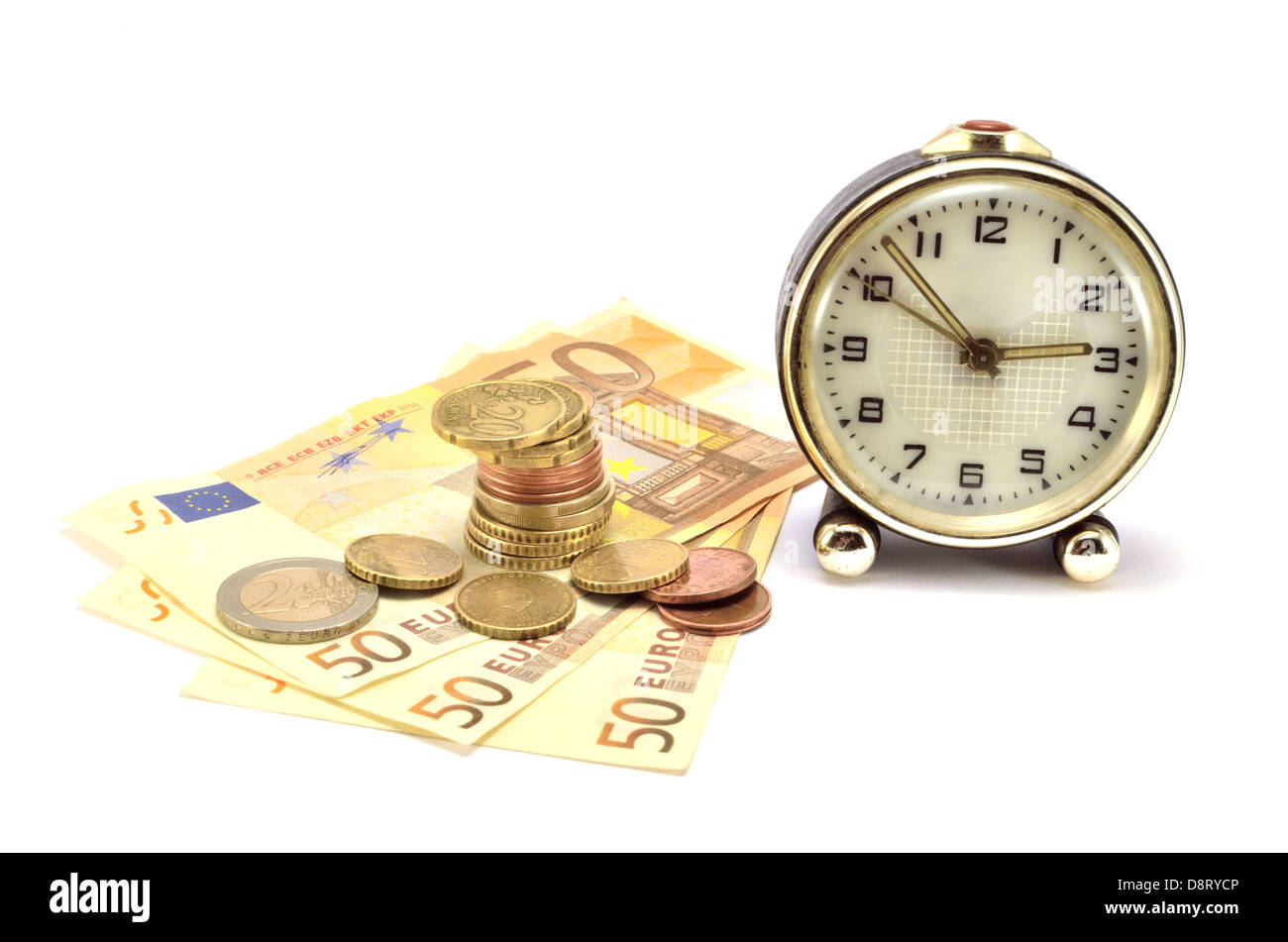 stack of coins, bank notes and clock on a white background Stock Photo ...