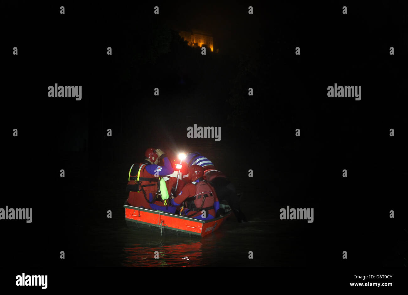 Rescue workers of German lifeguard service Wasserwacht drive a boat on ...