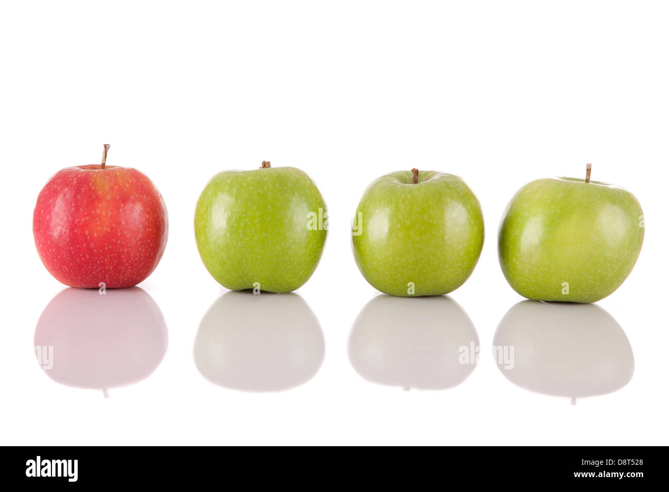 Red apple among green apples isolated on a white background Stock Photo ...