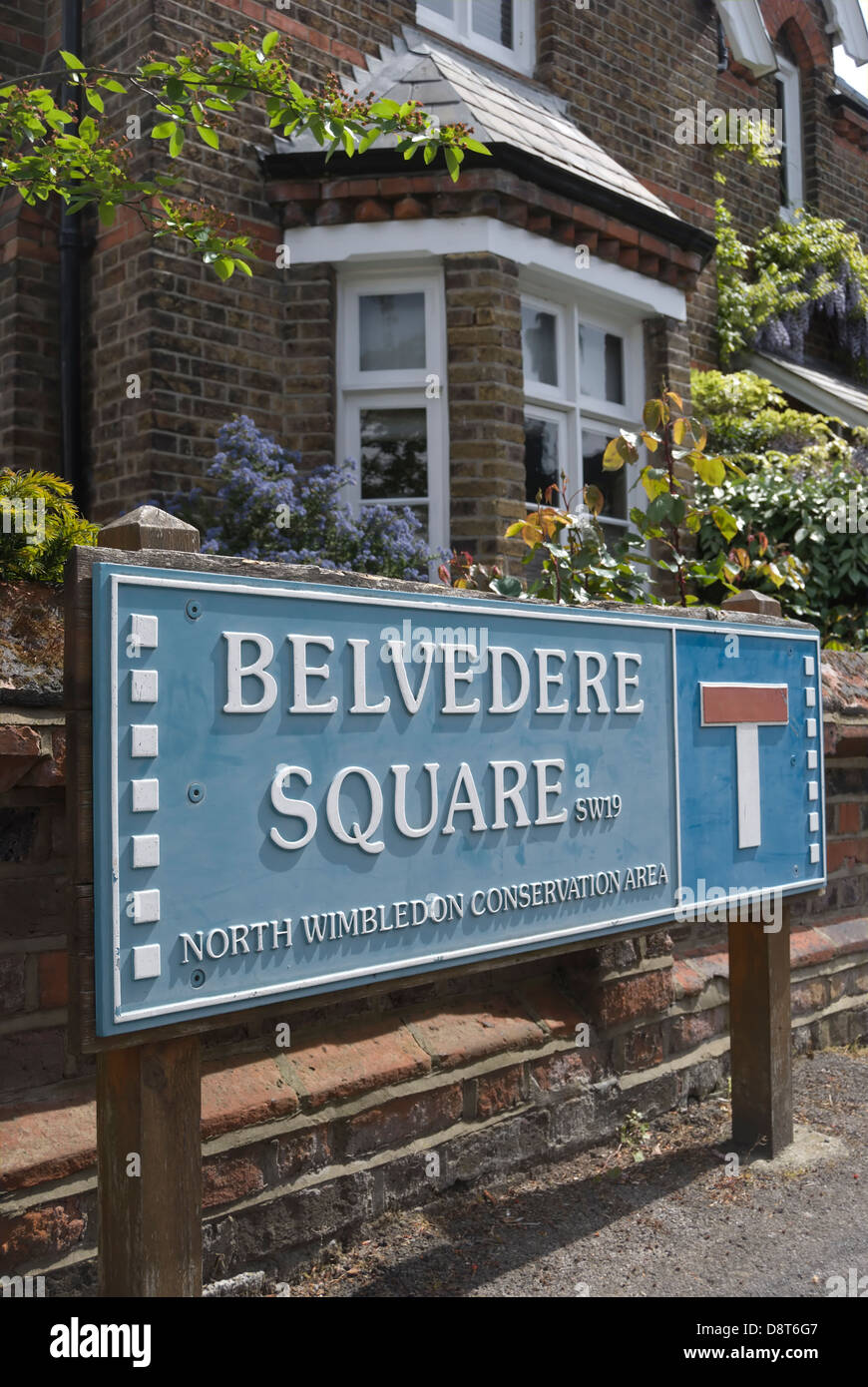 street name sign for belvedere square, part of the north wimbledon ...