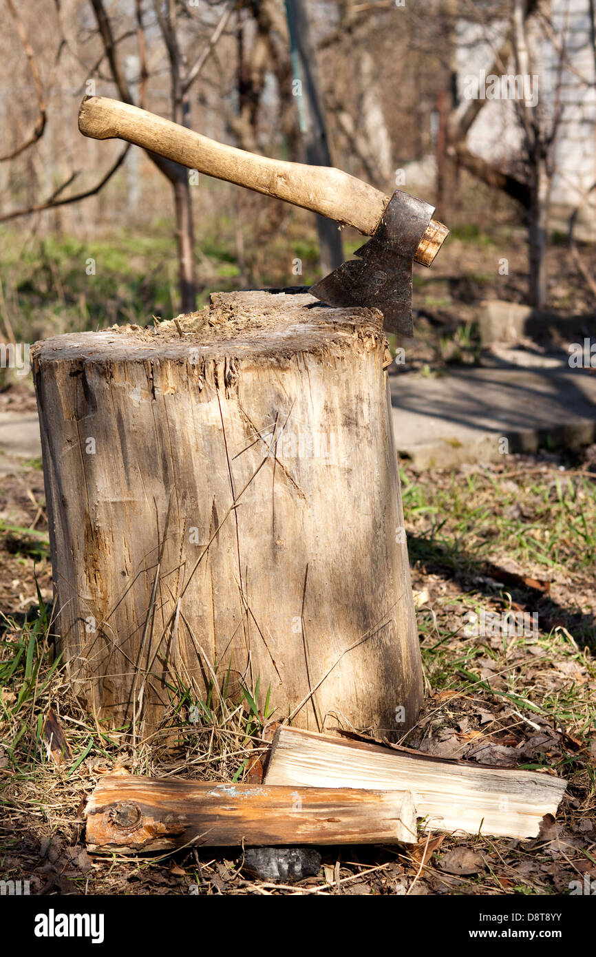 axe in the stump Stock Photo - Alamy
