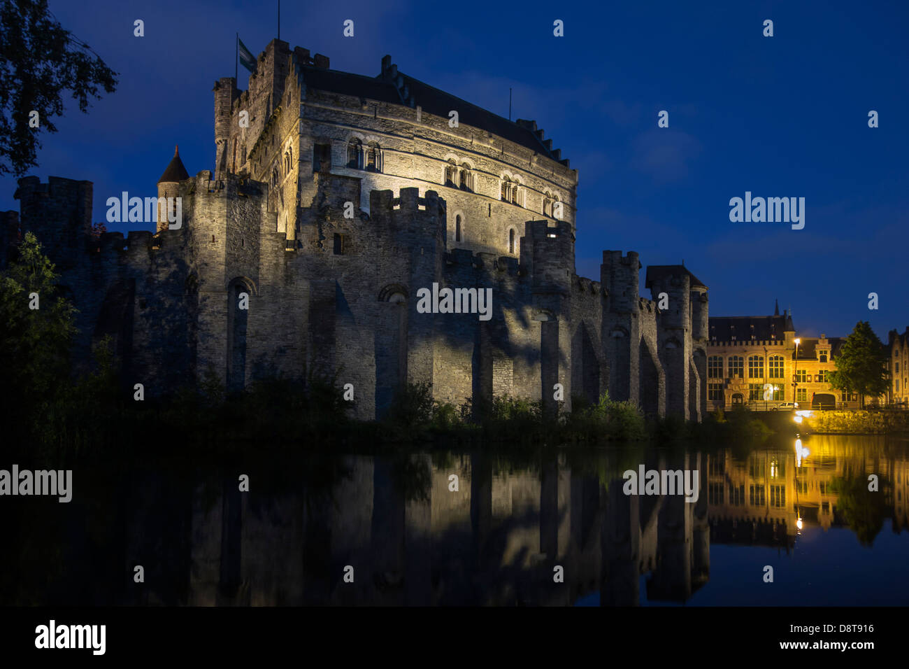 The meadieval Gravensteen / castle of the counts at Ghent at night ...