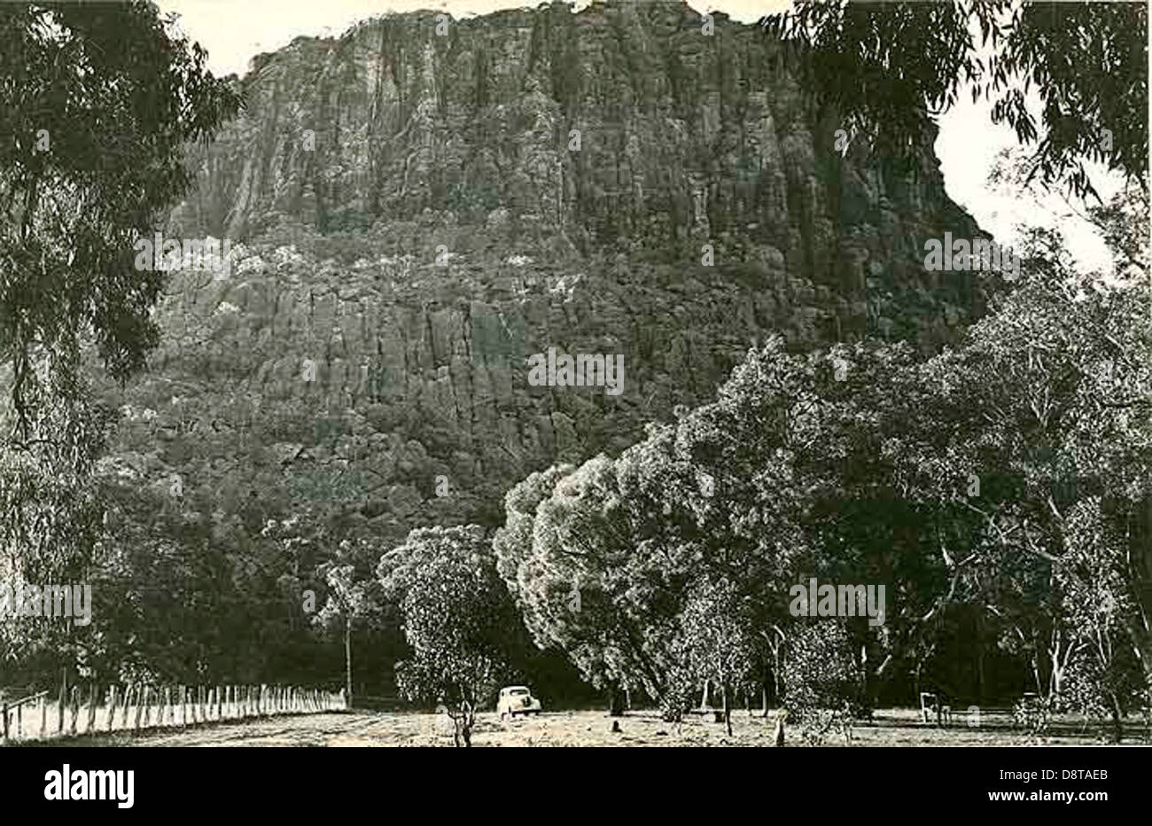 This black-and-white image shows Timor Rock, located near Coonabarabran ...