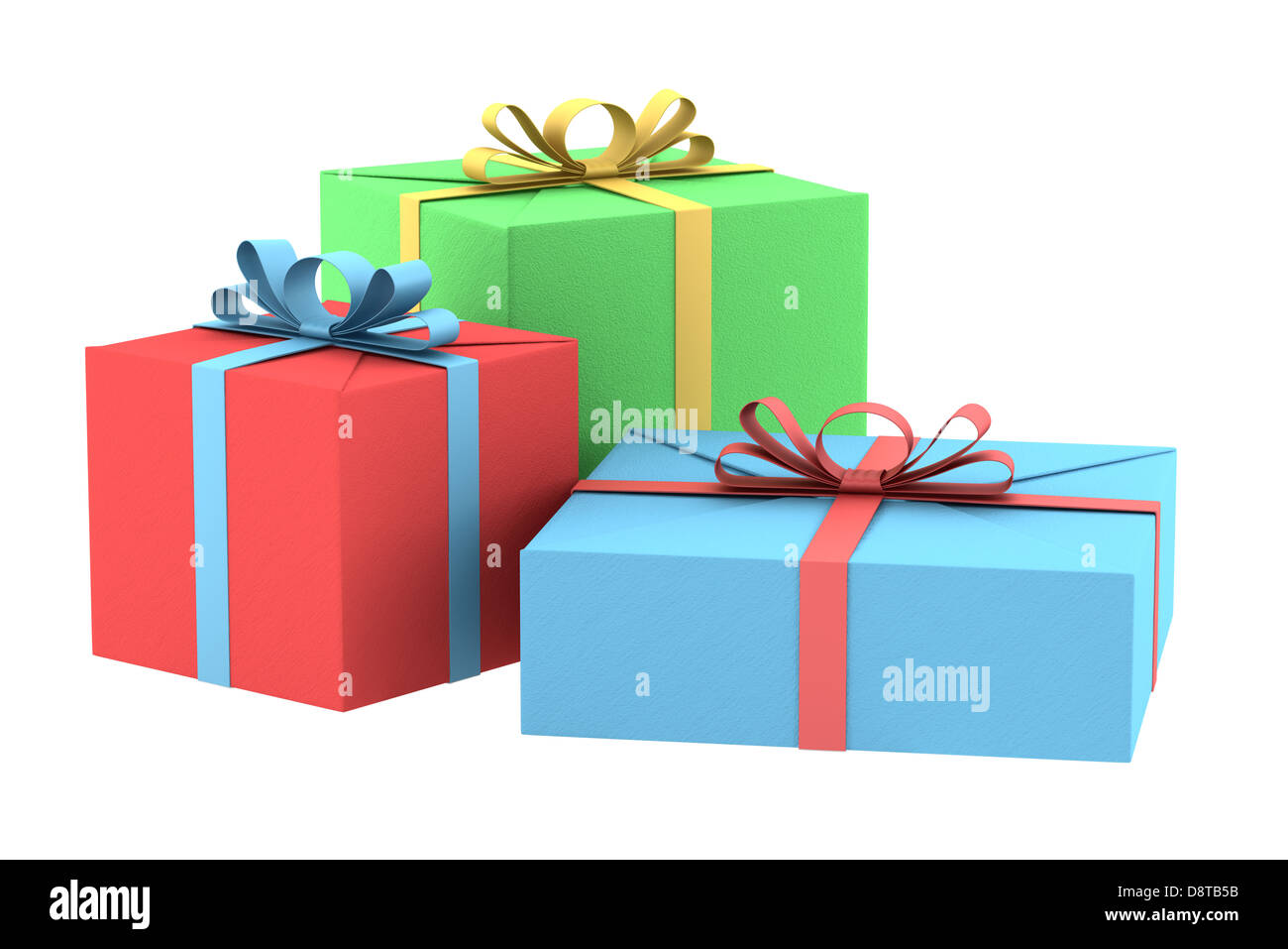 three color gift boxes isolated on white Stock Photo - Alamy