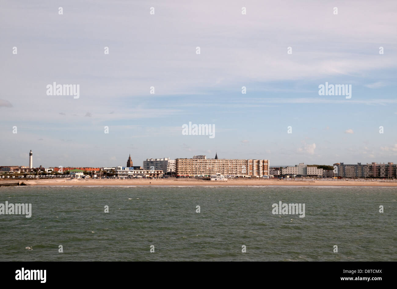 Calais beach and waterfront seen from an English Channel ferry with the ...
