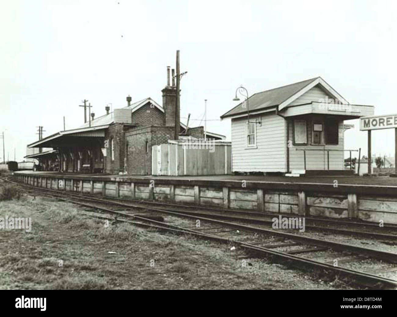 A historic black and white image of Moree Railway Station in New South ...